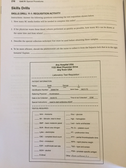 Solved 216 Unit IV Special Procedures Skills Drills SKILLS | Chegg.com