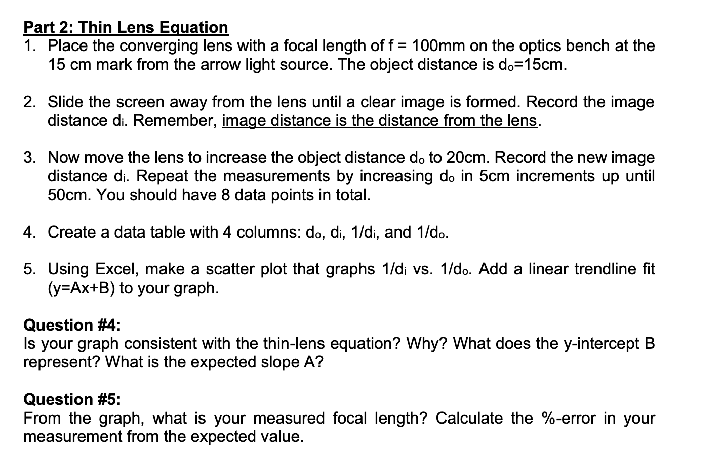 Solved Part 2: Thin Lens Equation 1. Place the converging | Chegg.com