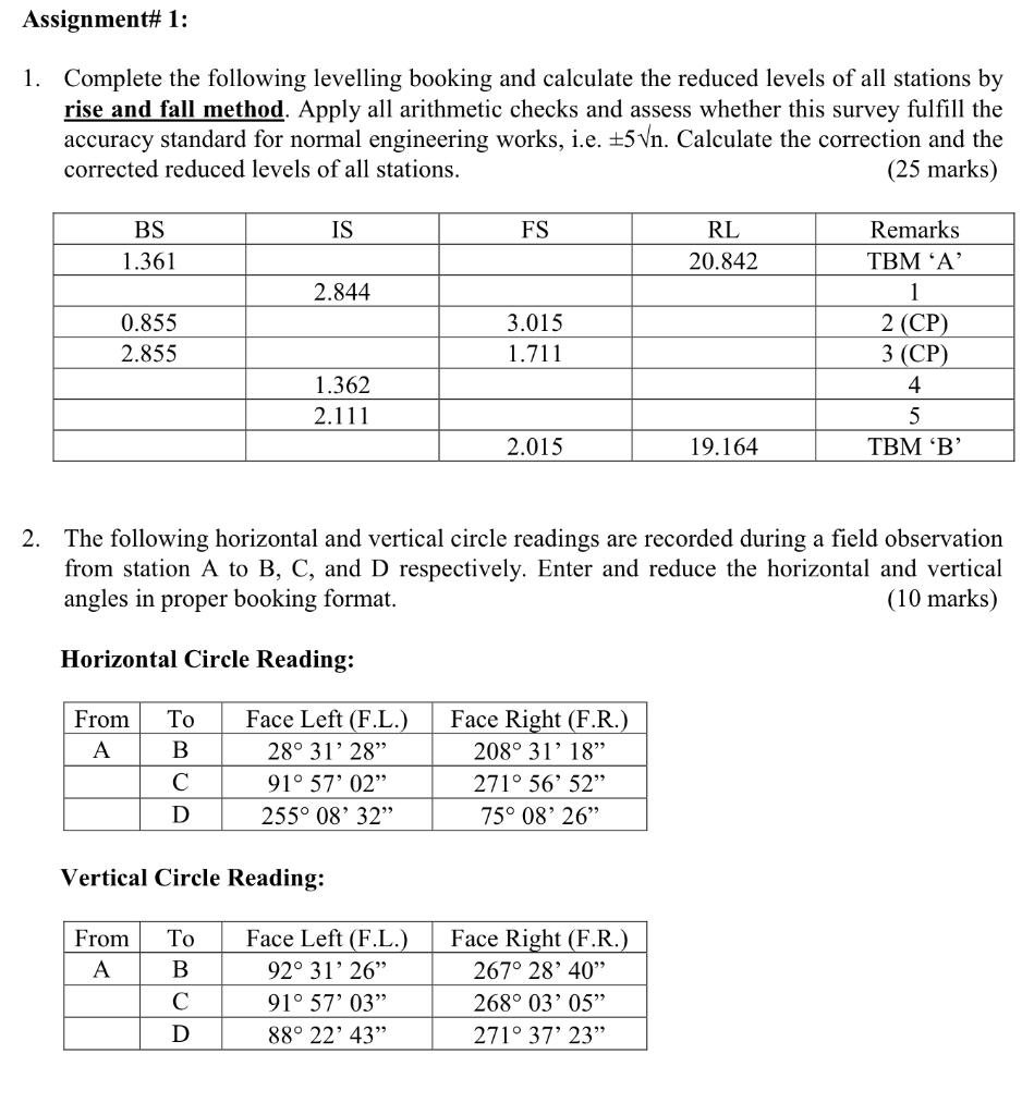 Solved Complete the following levelling booking and | Chegg.com
