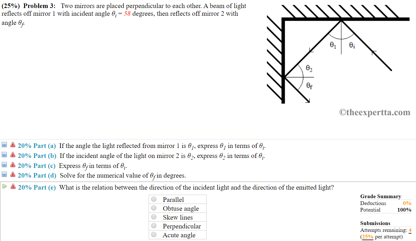 Solved: (25%) Problem 3: Two Mirrors Are Placed Perpendicu... | Chegg.com