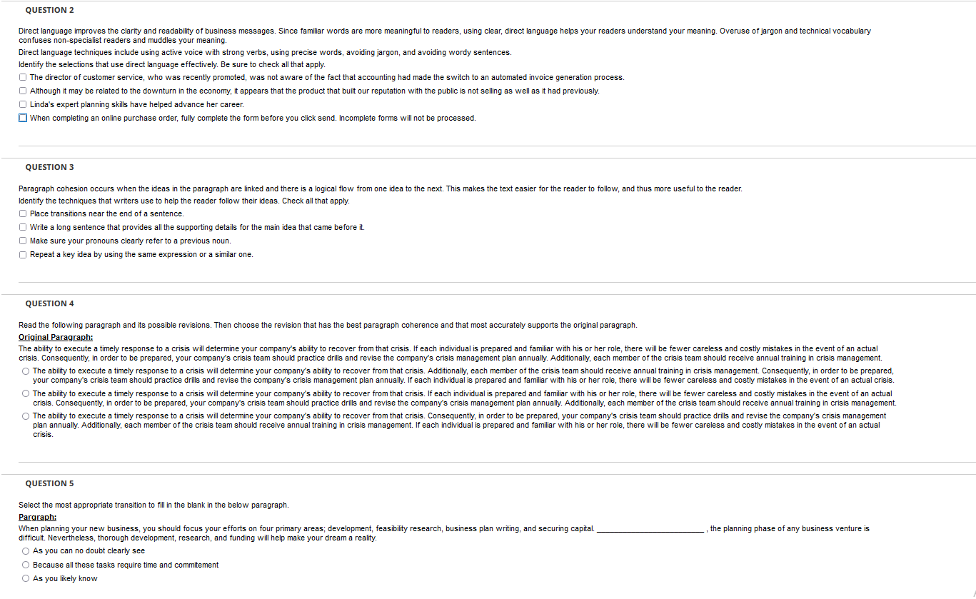 Solved QUESTION 2 Direct language improves the clarity and | Chegg.com