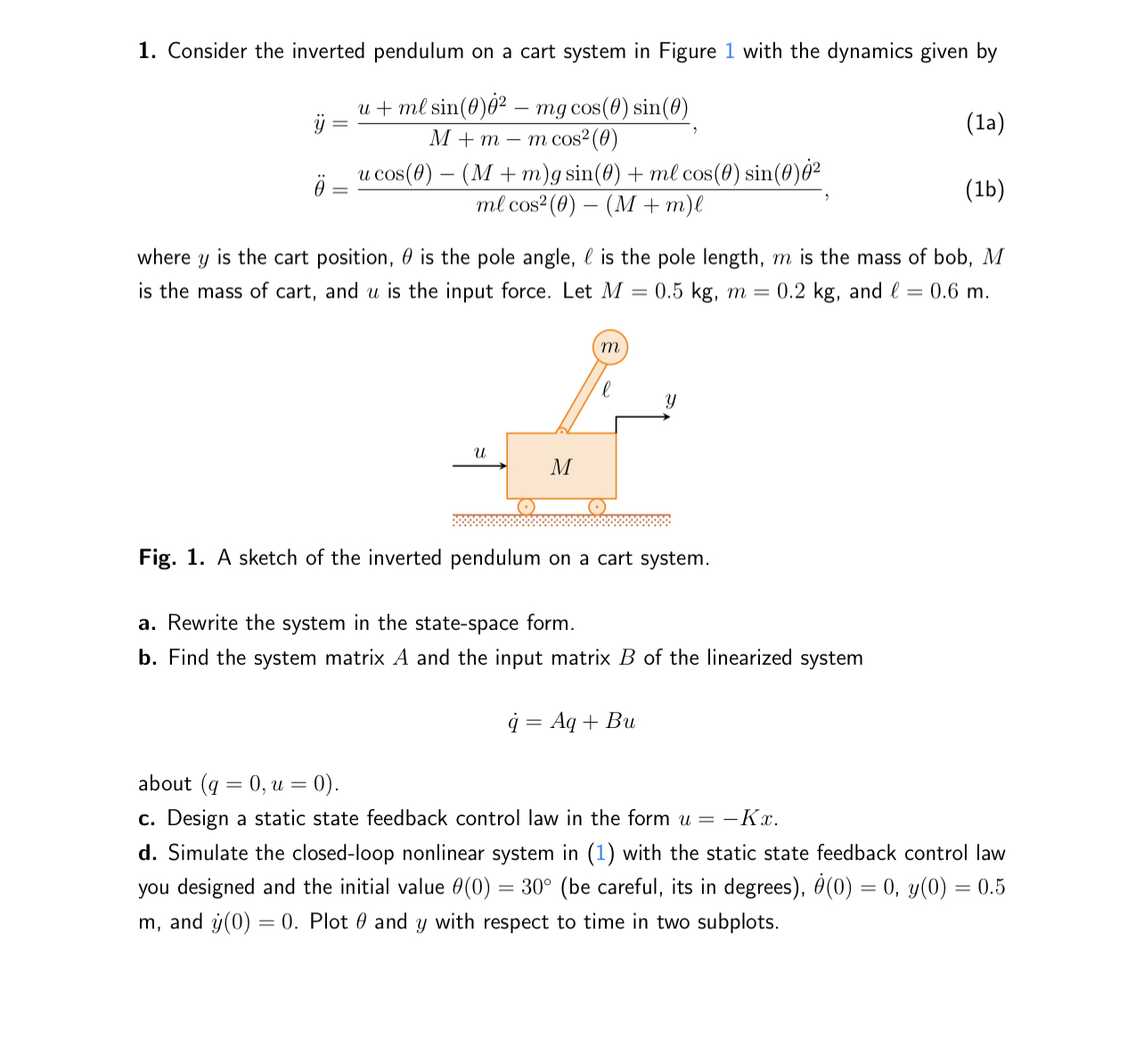 1. Consider the inverted pendulum on a cart system in | Chegg.com