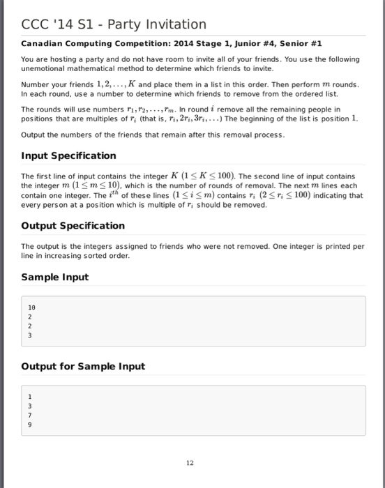 Solved CCC '14 S1 - Party Invitation Canadian Computing | Chegg.com