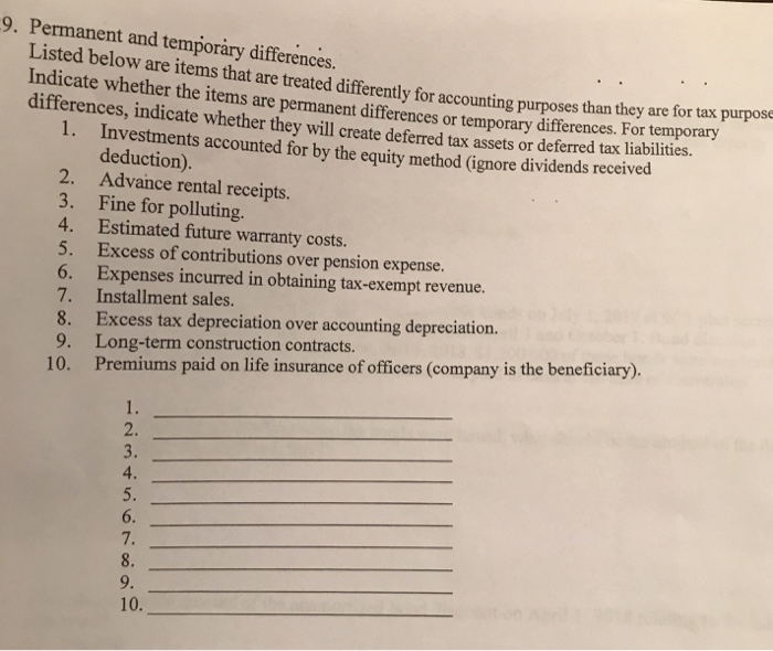 Solved 9. Permanent and temporáry differences. Listed below | Chegg.com