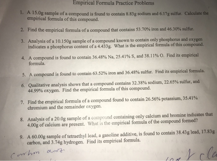 Solved Empirical Formula Practice Problems 1. A 15.0g sample | Chegg.com