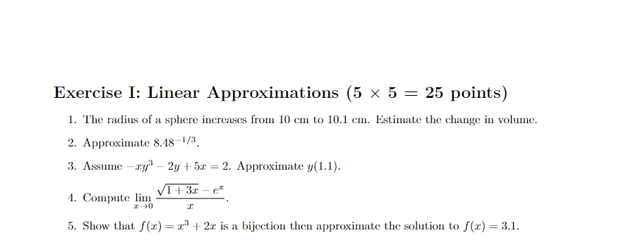 Solved Exercise I: Linear Approximations 5x5=25 ﻿points | Chegg.com