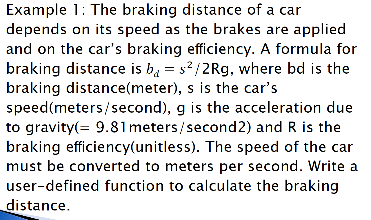 Solved Example 1: The braking distance of a car depends on | Chegg.com
