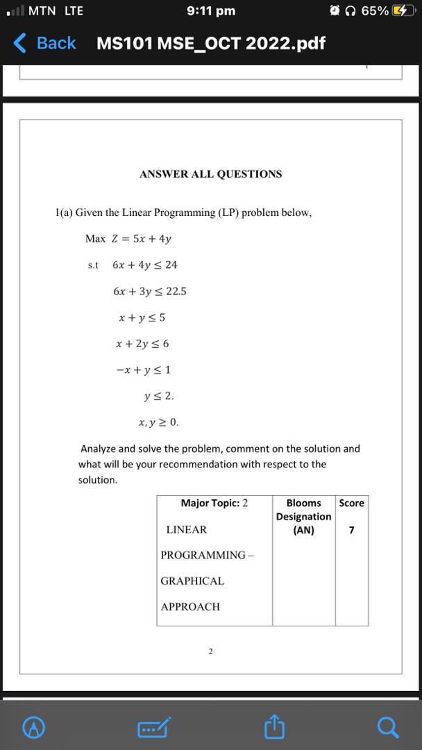 Solved 1a Given The Linear Programming Lp Problem Below 