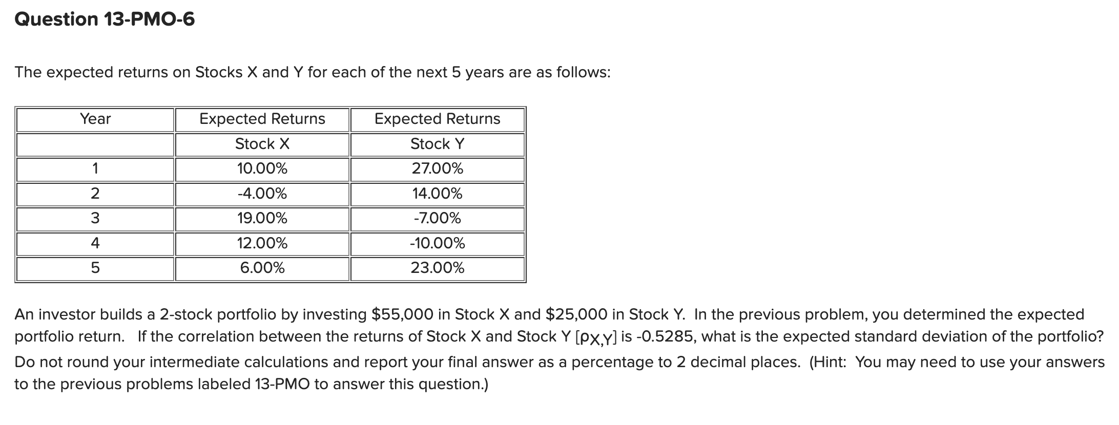 Solved Question 13-PMO-6The expected returns on Stocks x | Chegg.com