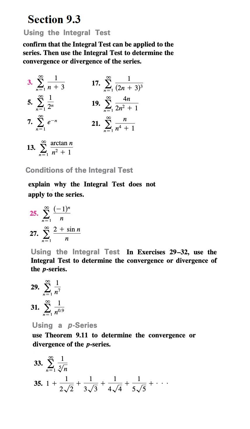 Solved Section 9.3 Using the Integral Test confirm that the | Chegg.com