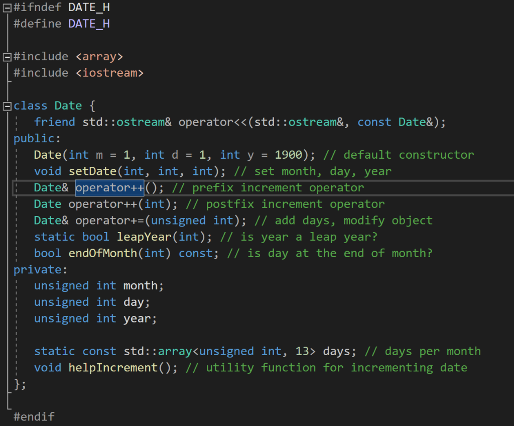 Solved Modify the Date class which overloaded the increment | Chegg.com