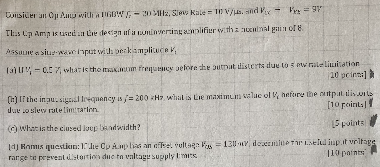 Solved Consider an Op Amp with a UGBW ft=20MHz, Slew Rate | Chegg.com