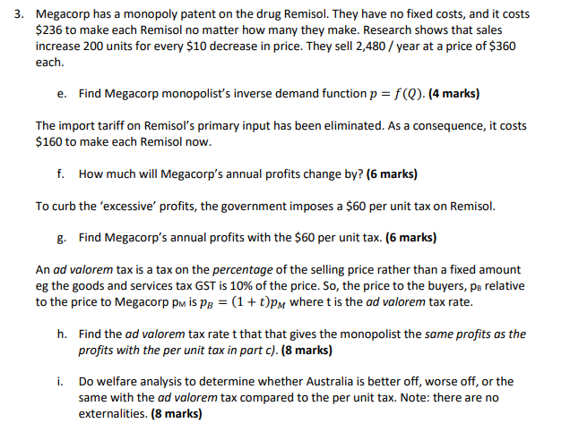 Solved Megacorp has a monopoly patent on the drug Remisol. | Chegg.com