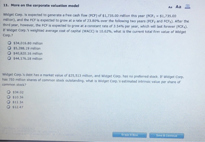 Solved 11. More on the corporate valuation model Aa Aa | Chegg.com