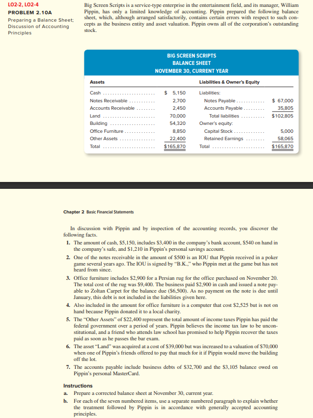 LO2-2, LO2-4 PROBLEM 2.10A Preparing a Balance Sheet; | Chegg.com