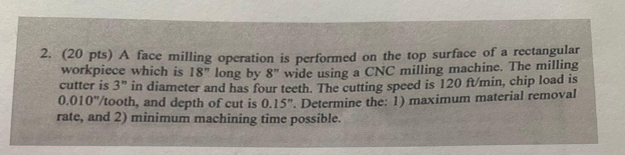 Solved 2. (20 pts) A face milling operation is performed on | Chegg.com
