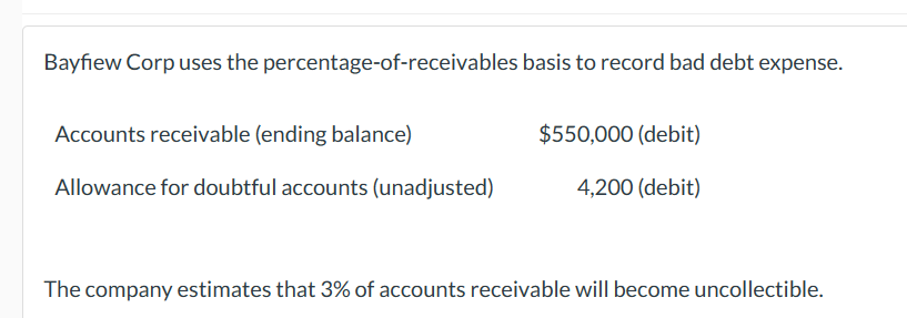 Bayfiew Corp uses the percentage-of-receivables basis | Chegg.com