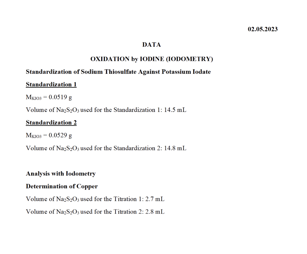 Solved DATA OXIDATION by IODINE (IODOMETRY) Standardization | Chegg.com