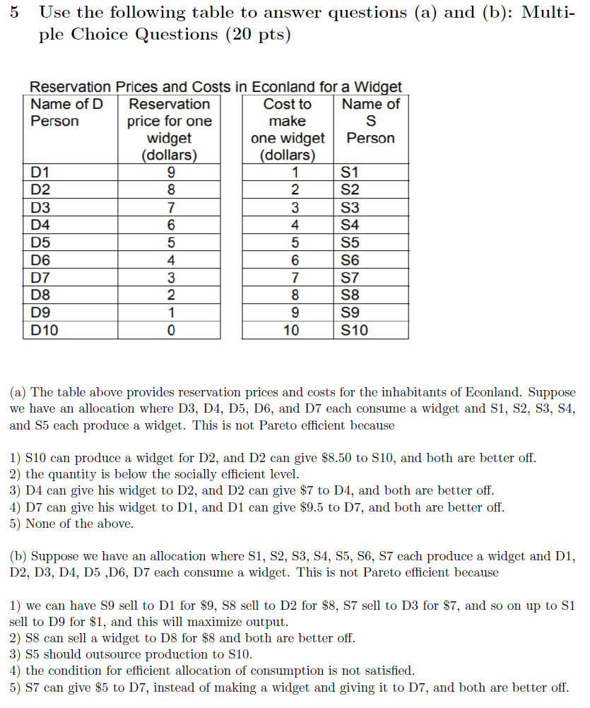 Solved 5 Use the following table to answer questions (a) and | Chegg.com