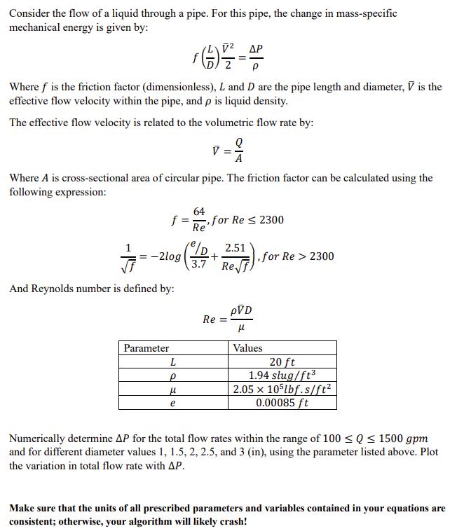 Solved Consider the flow of a liquid through a pipe. For | Chegg.com