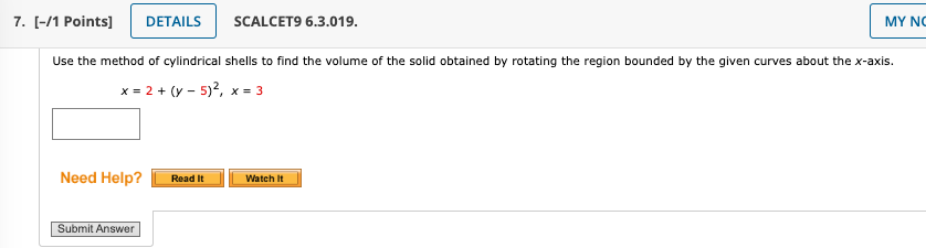 Solved Use the method of cylindrical shells to find the | Chegg.com