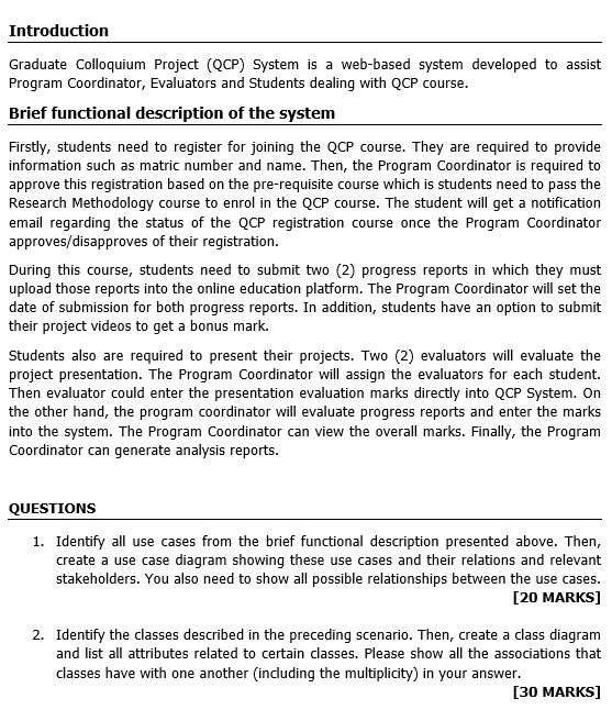 Solved Introduction Graduate Colloquium Project (QCP) System | Chegg.com