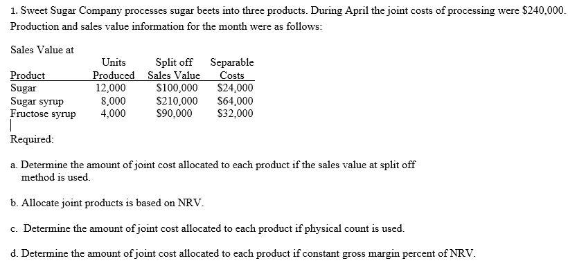 Solved 1. Sweet Sugar Company processes sugar beets into | Chegg.com