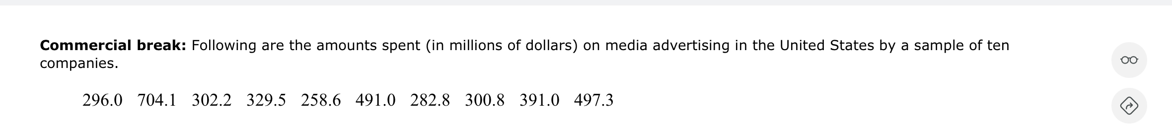 Solved Commercial break: Following are the amounts spent (in | Chegg.com