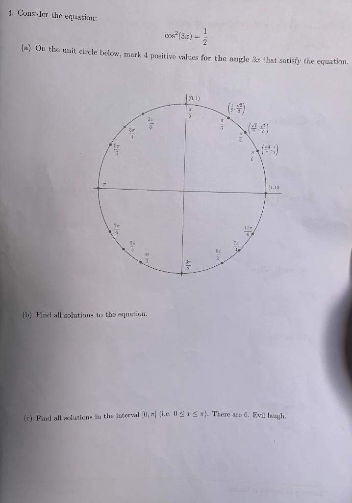 Solved 4. Consider the equation: cos2(3x)=21 (a) On the unit | Chegg.com