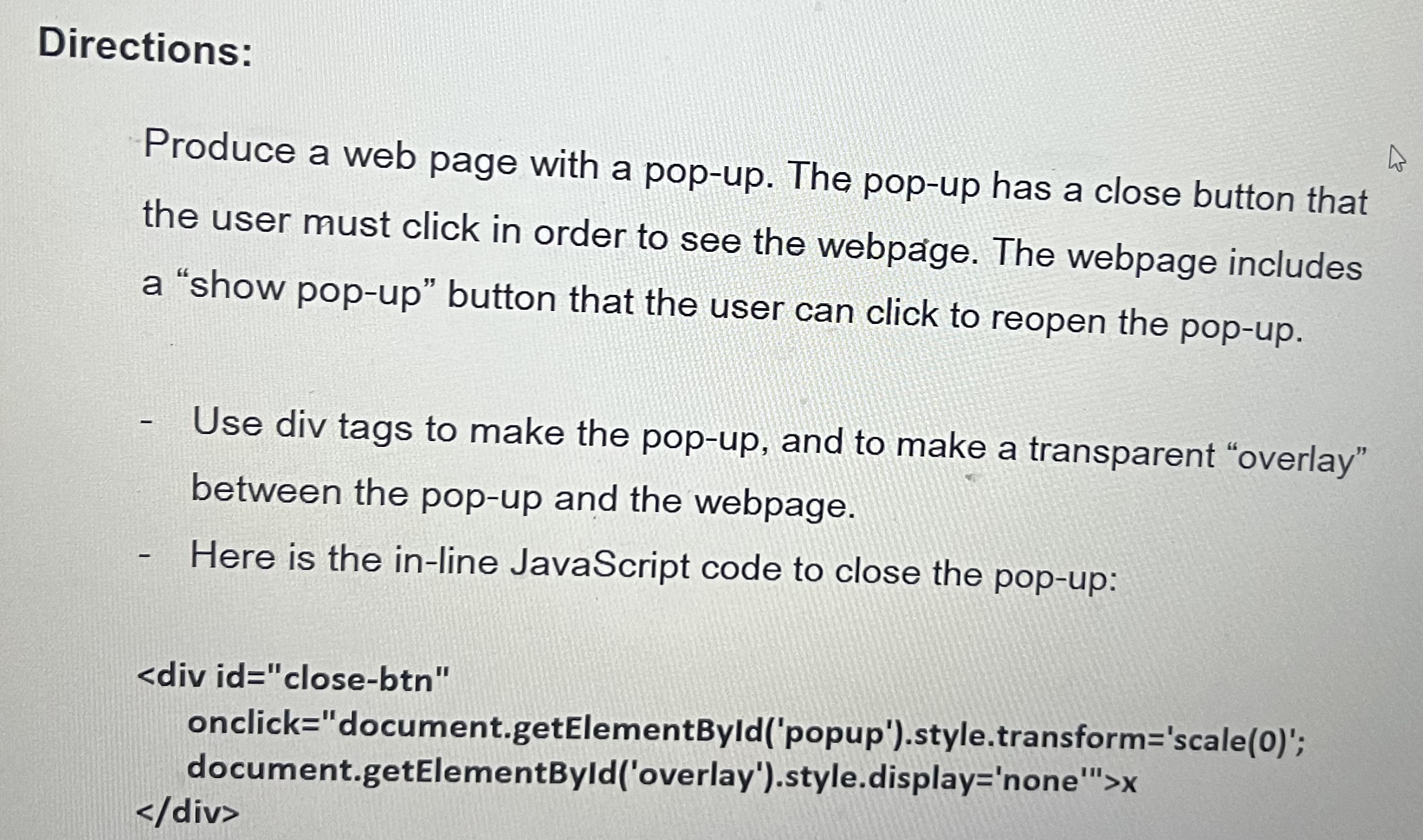 Solved Produce a web page with a pop-up. The pop-up has a | Chegg.com