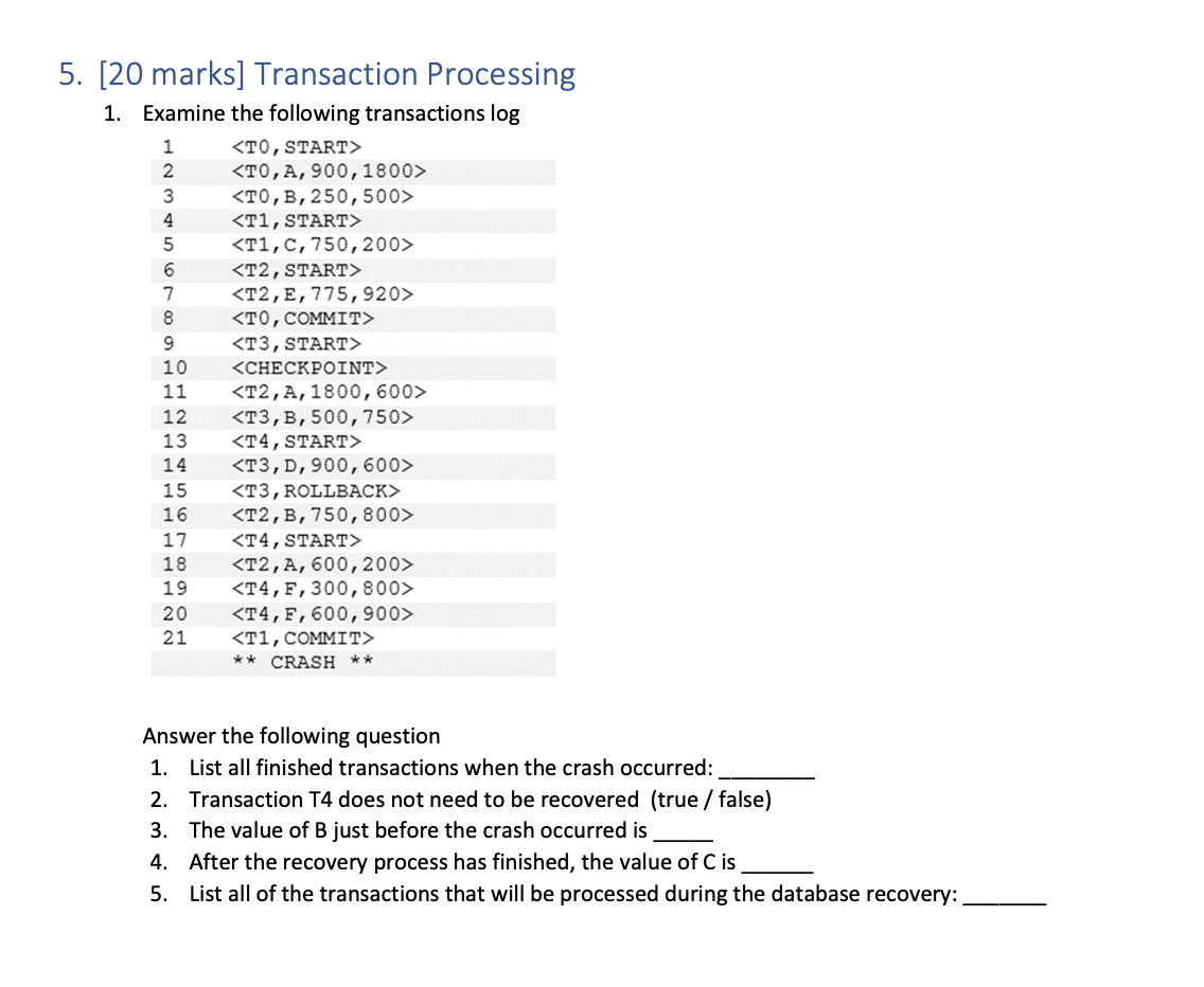 Solved 5. [20 marks] Transaction Processing 1. Examine the | Chegg.com