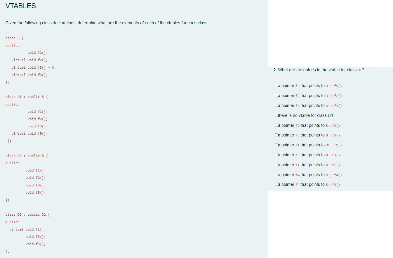 Solved VTABLES Given the following class declarations, | Chegg.com