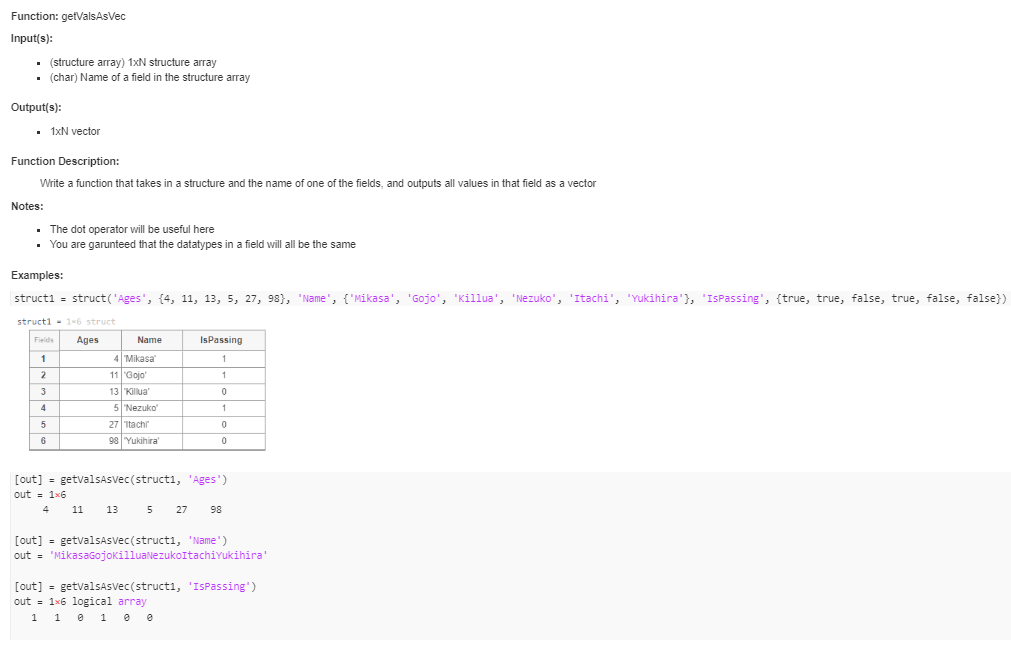 Solved Function: gefValsAsVec Input(s): - (structure array) | Chegg.com