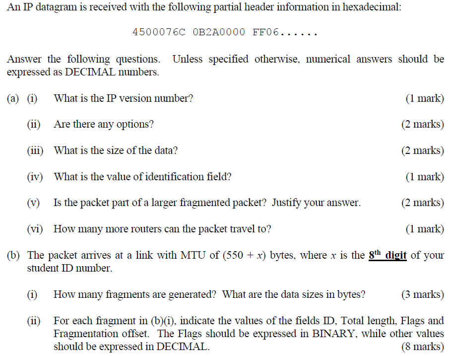 Solved An IP datagram is received with the following partial | Chegg.com