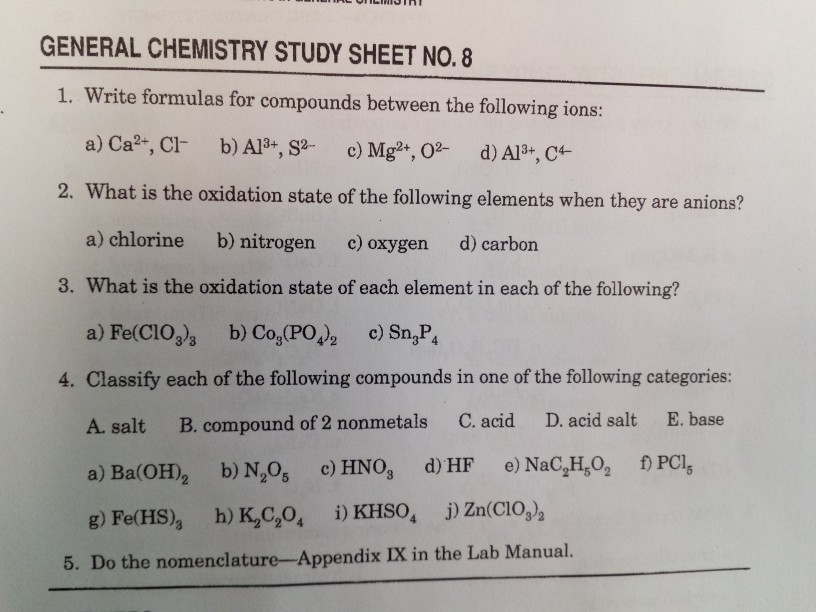 Solved GENERAL CHEMISTRY STUDY SHEET NO. 8 1. Write formulas | Chegg.com