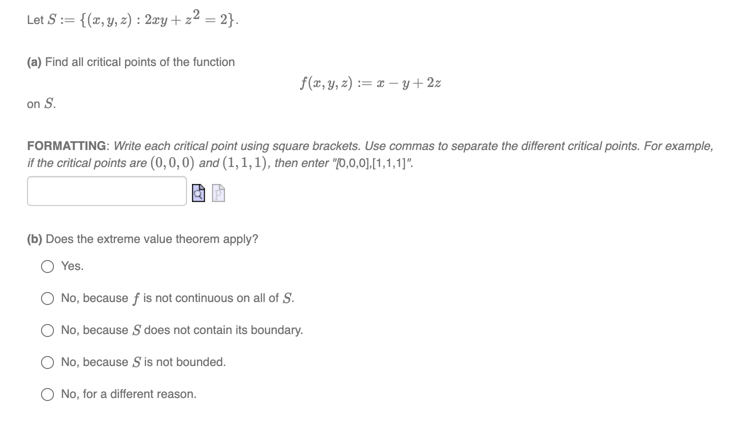 Solved Let S := {(x, y, z) : 2xy +z2 = 2}. (a) Find all | Chegg.com