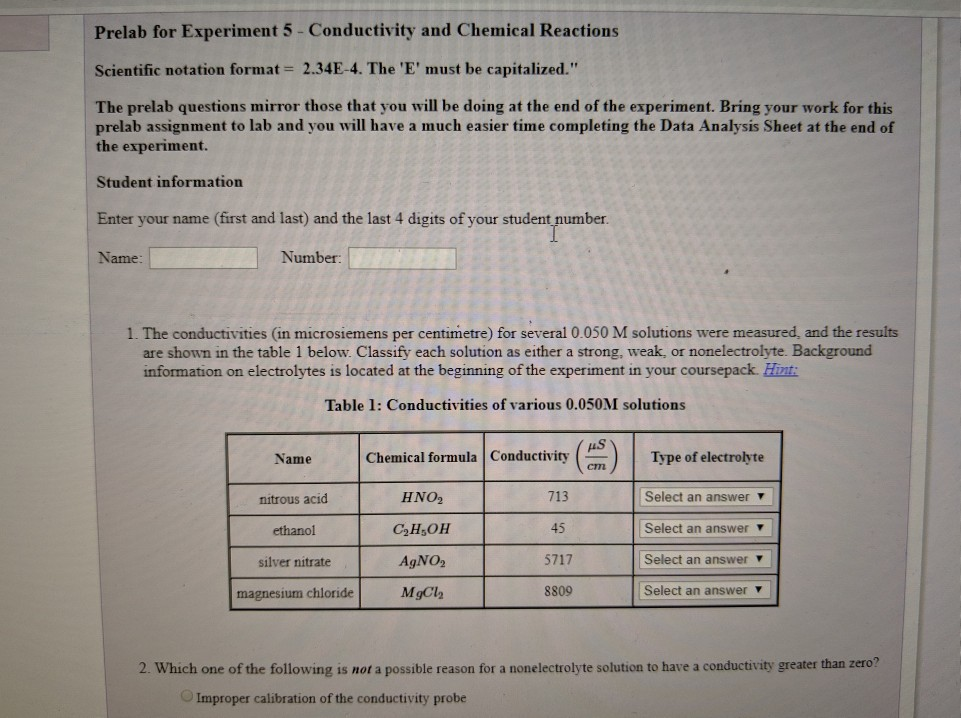 Solved Prelab for Experiment 5 - Conductivity and Chemical | Chegg.com