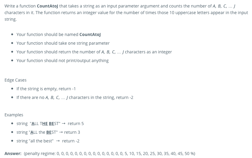 Solved Write a function CountAtoj that takes a string as an | Chegg.com