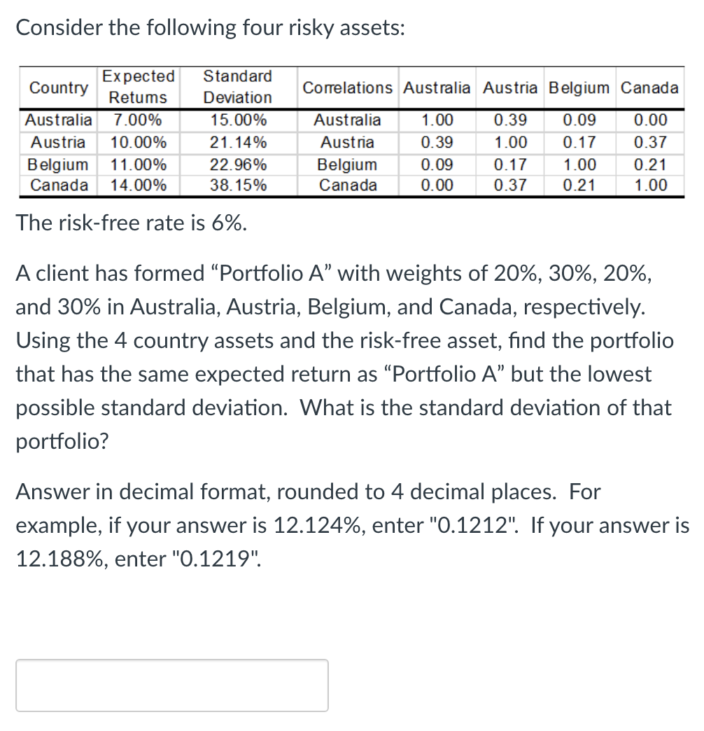 Solved Consider the following four risky assets: The | Chegg.com