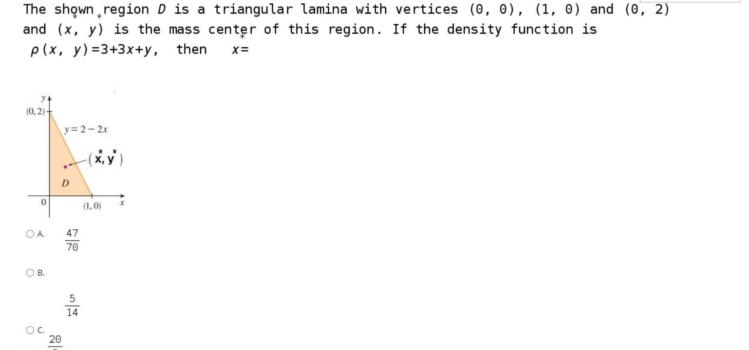 Solved The shown region D is a triangular lamina with | Chegg.com