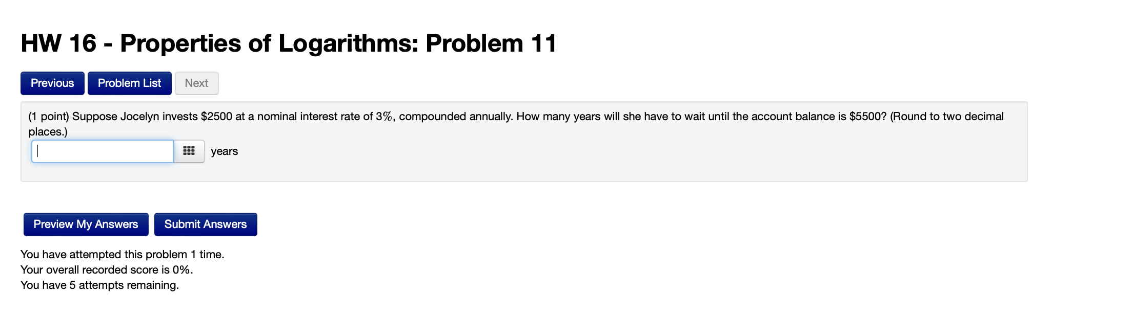 Solved HW 16 - Properties of Logarithms: Problem 11 Previous | Chegg.com