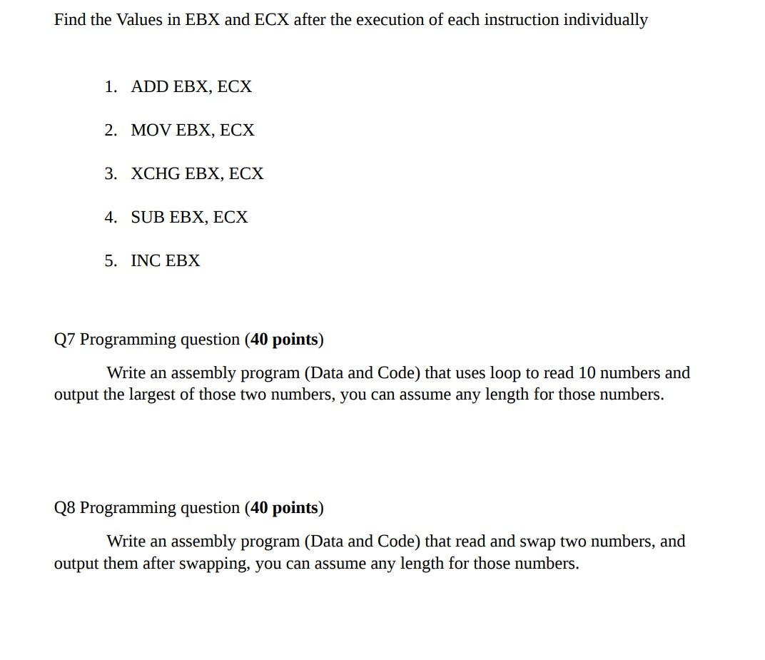 Solved Find the Values in EBX and ECX after the execution of | Chegg.com