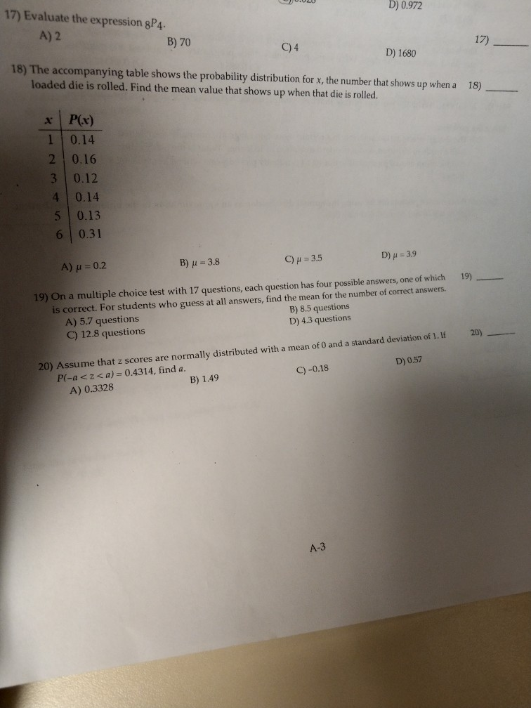 Solved D) 0.972 17) Evaluate the expression 3P4. A) 2 B) 70 | Chegg.com