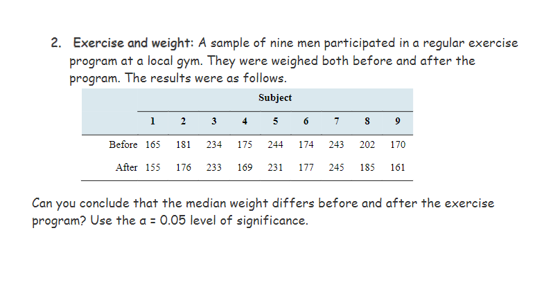 Solved 2. Exercise and weight: A sample of nine men | Chegg.com