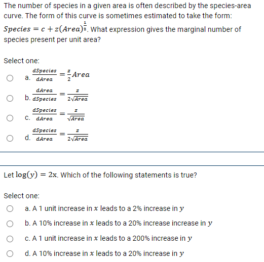 Solved The number of species in a given area is often | Chegg.com