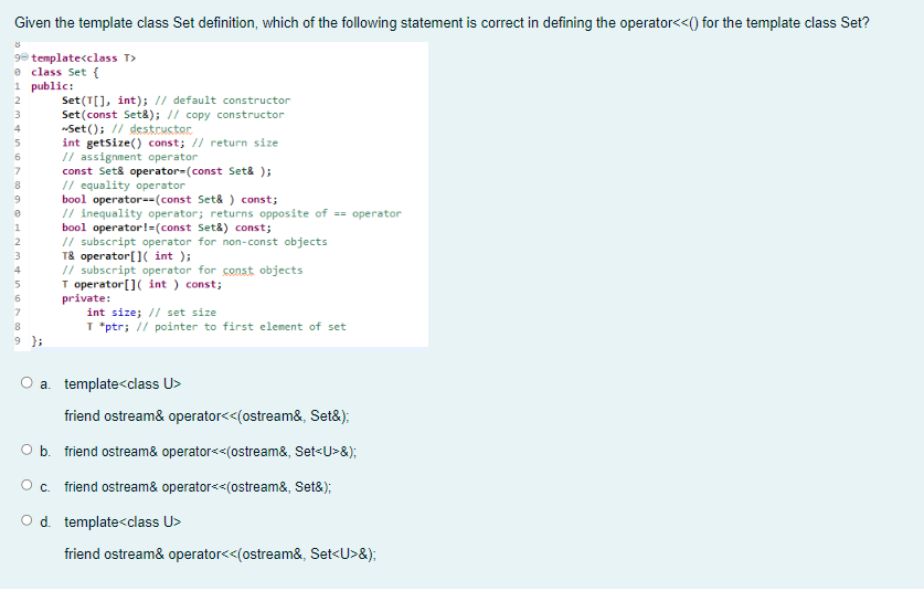 Solved Given the template class Set definition, which of the | Chegg.com