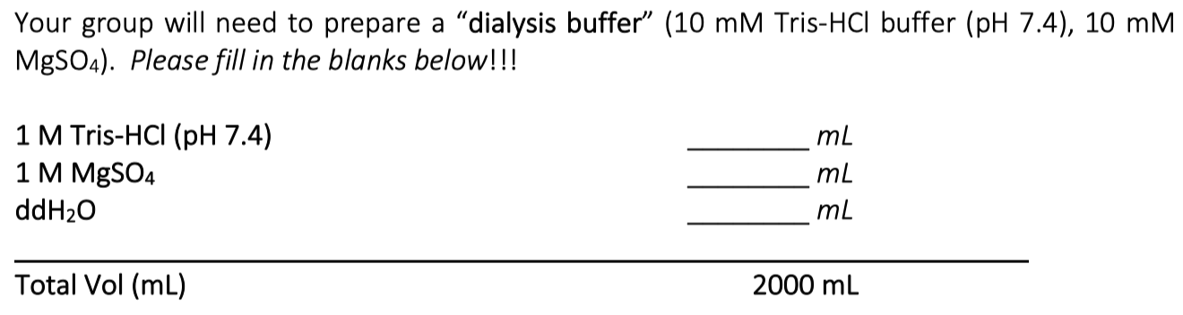 Solved Your group will need to prepare a "dialysis buffer" | Chegg.com