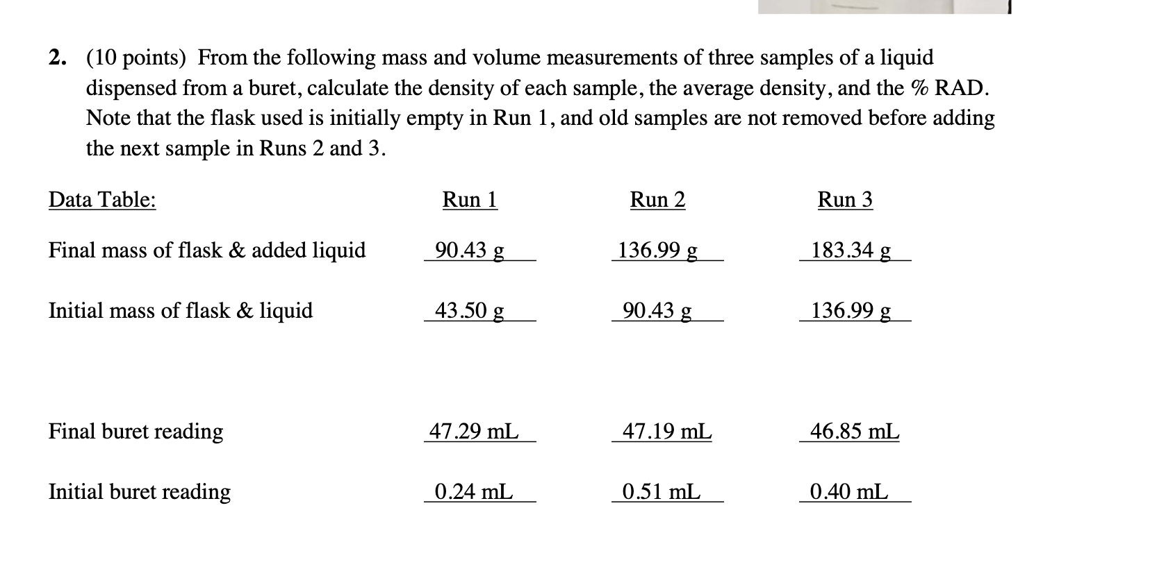 Solved 2. (10 points) From the following mass and volume | Chegg.com