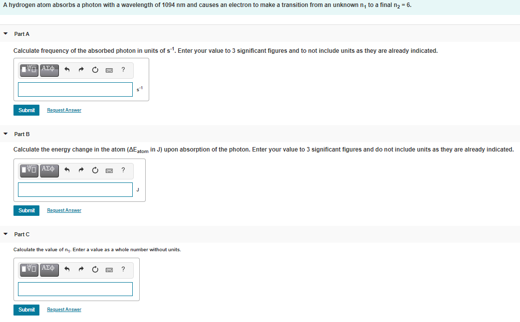 Solved A Hydrogen Atom Absorbs A Photon With A Wavelength Of