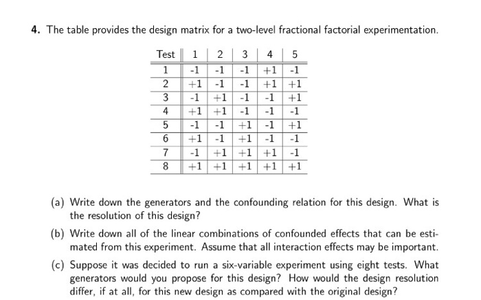 4 The Table Provides The Design Matrix For A